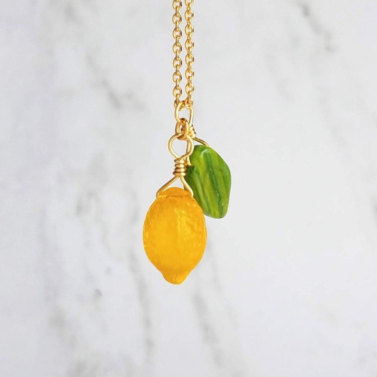 Lemon Necklace, yellow lemon pendant, citrus fruit necklace, green lea ...