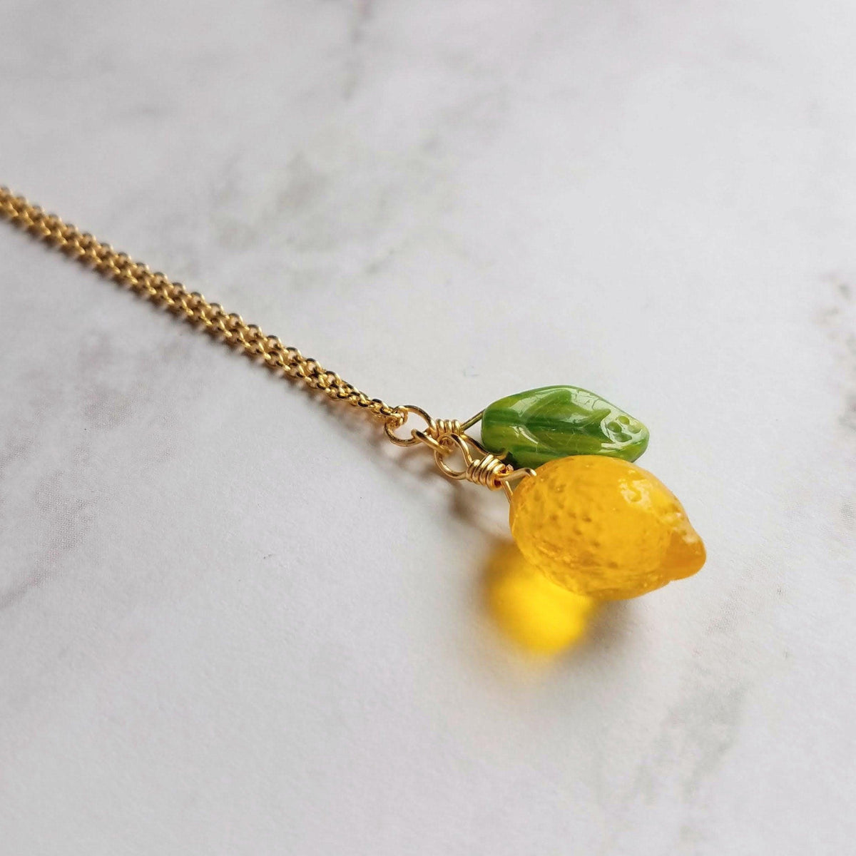 Lemon Necklace, yellow lemon pendant, citrus fruit necklace, green lea ...