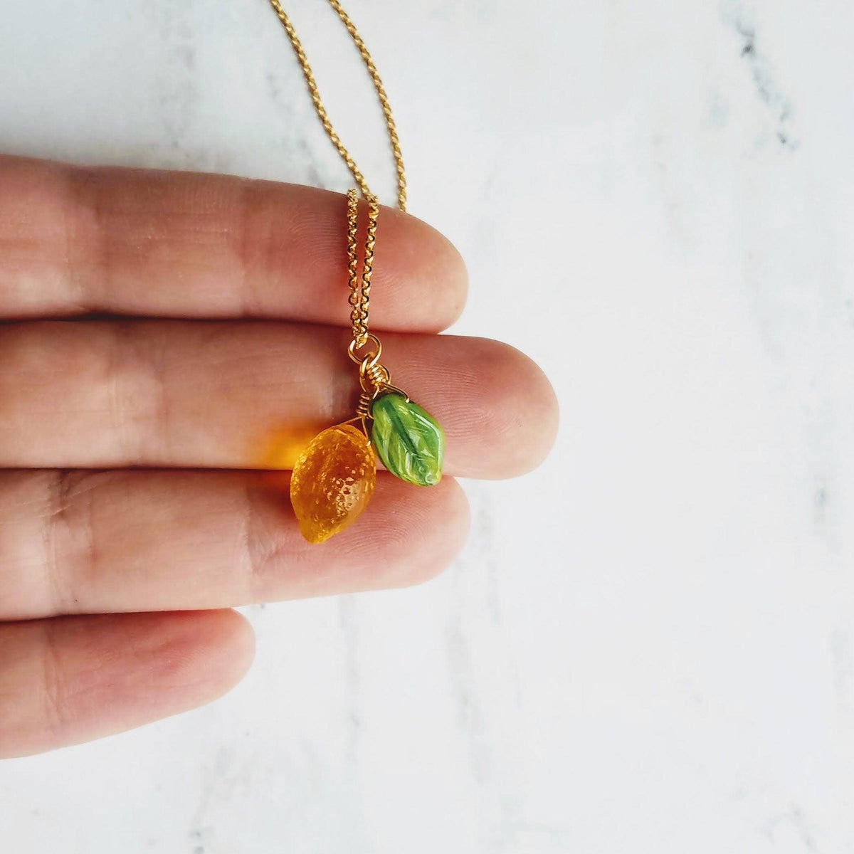 Lemon Necklace, yellow lemon pendant, citrus fruit necklace, green lea ...